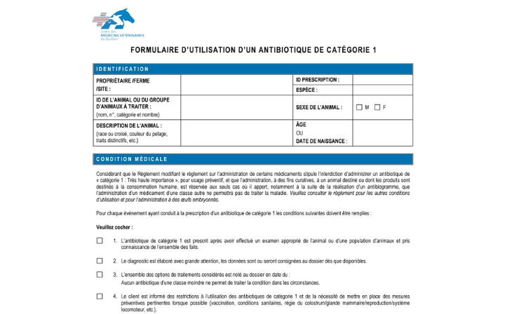 Formulaire d'utilisation d'un antibiotique de catégorie 1 | OMVQ